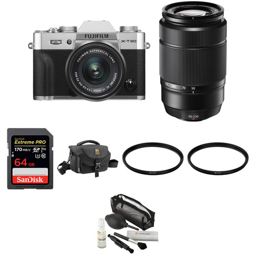 FUJIFILM X-T30 Mirrorless Digital Camera with 15-45mm and 50-230mm Lenses and Accessories Kit (Silver/Black)