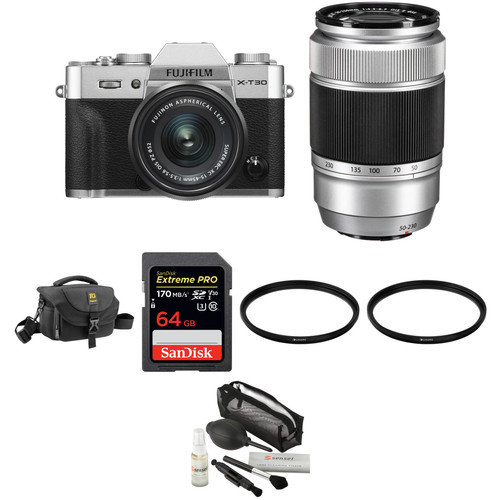 FUJIFILM X-T30 Mirrorless Digital Camera with 15-45mm and 50-230mm Lenses and Accessories Kit (Silver/Silver)