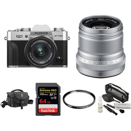 FUJIFILM X-T30 Mirrorless Digital Camera with 15-45mm and 50mm f/2 Lenses and Accessories Kit (Silver/Silver)