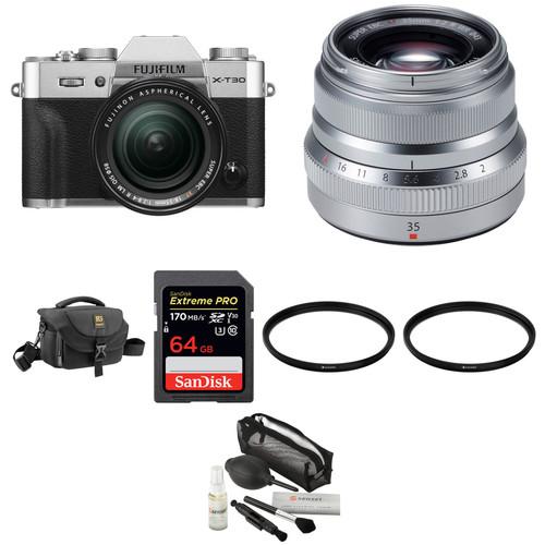 FUJIFILM X-T30 Mirrorless Digital Camera with 18-55mm and 35mm f/2 Lenses and Accessories Kit (Silver)