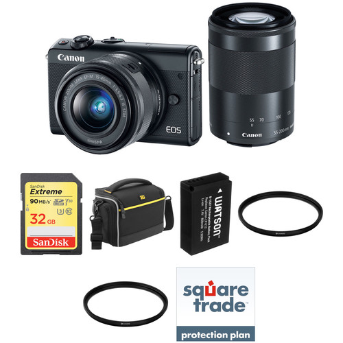 Canon EOS M100 Mirrorless Digital Camera with 15-45mm and 55-200mm Lenses Deluxe Kit (Black)