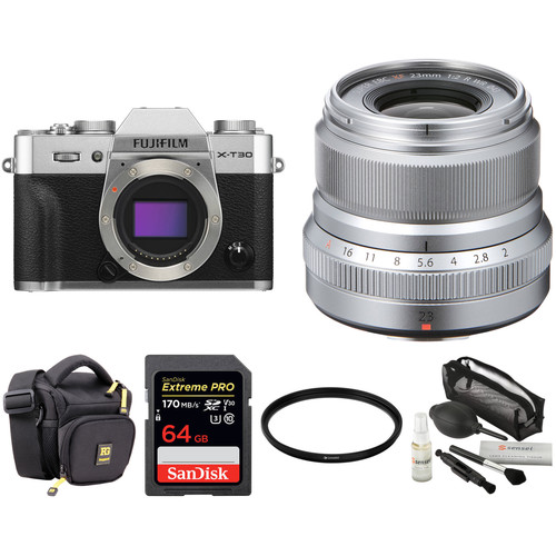 FUJIFILM X-T30 Mirrorless Digital Camera with 23mm f/2 Lens and Accessories Kit (Silver)