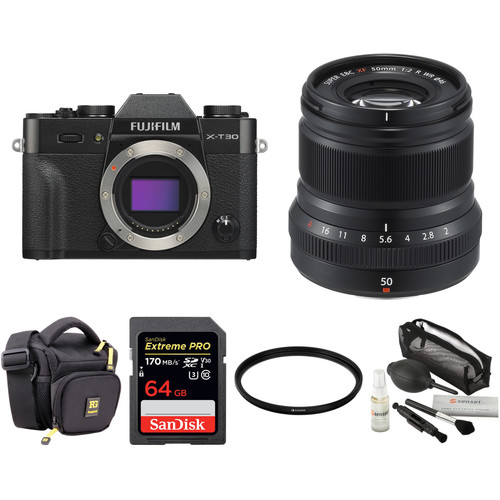 FUJIFILM X-T30 Mirrorless Digital Camera with 50mm f/2 Lens and Accessories Kit (Black)