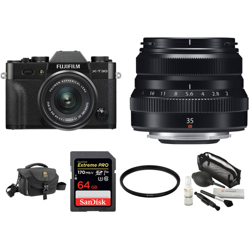 FUJIFILM X-T30 Mirrorless Digital Camera with 15-45mm and 35mm f/2 Lenses and Accessories Kit (Black)