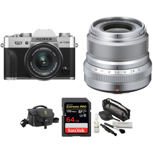 FUJIFILM X-T30 Mirrorless Digital Camera with 15-45mm and 23mm f/2 Lenses and Accessories Kit (Silver/Silver)