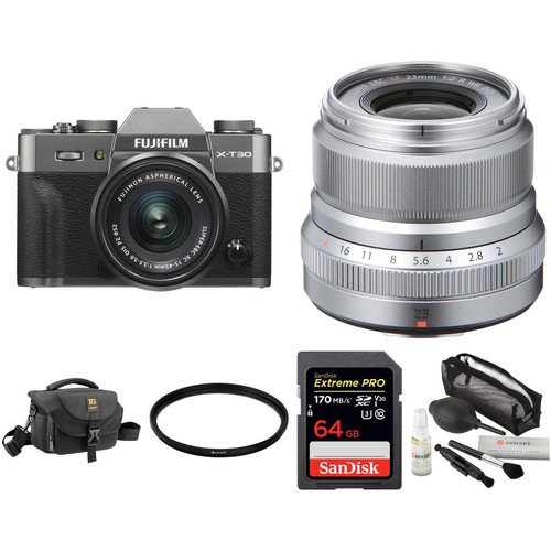 FUJIFILM X-T30 Mirrorless Digital Camera with 15-45mm and 23mm f/2 Lenses and Accessories Kit (Charcoal Silver/Silver)