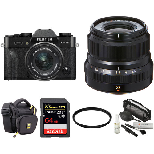 FUJIFILM X-T30 Mirrorless Digital Camera with 15-45mm and 23mm f/2 Lenses and Accessories Kit (Black/Black)