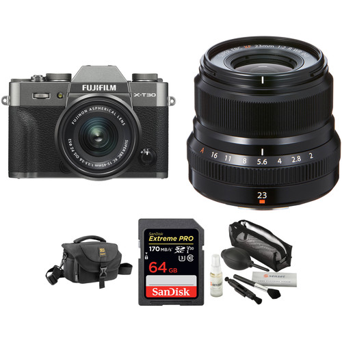 FUJIFILM X-T30 Mirrorless Digital Camera with 15-45mm and 23mm f/2 Lenses and Accessories Kit (Charcoal Silver/Black)