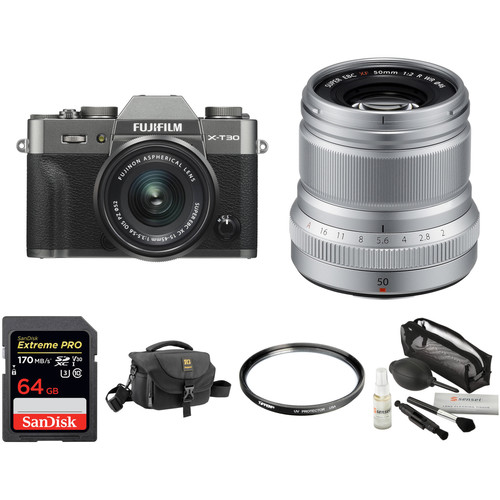 FUJIFILM X-T30 Mirrorless Digital Camera with 15-45mm and 50mm f/2 Lenses and Accessories Kit (Charcoal Silver/Silver)