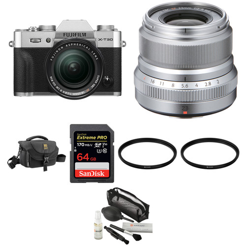 FUJIFILM X-T30 Mirrorless Digital Camera with 18-55mm and 23mm f/2 Lenses and Accessories Kit (Silver)