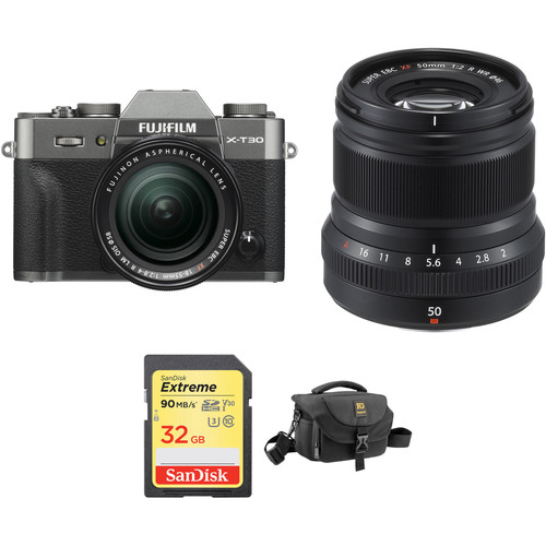 FUJIFILM X-T30 Mirrorless Digital Camera with 18-55mm and 50mm f/2 Lenses and Accessories Kit (Charcoal Silver)