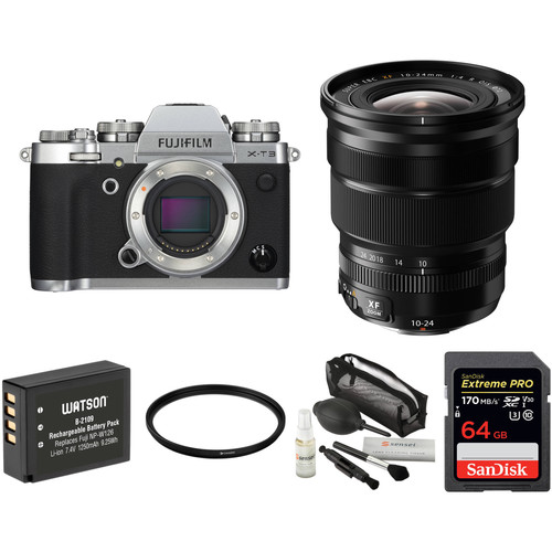 FUJIFILM X-T3 Mirrorless Digital Camera with 10-24mm Lens and Accessories Kit (Silver)