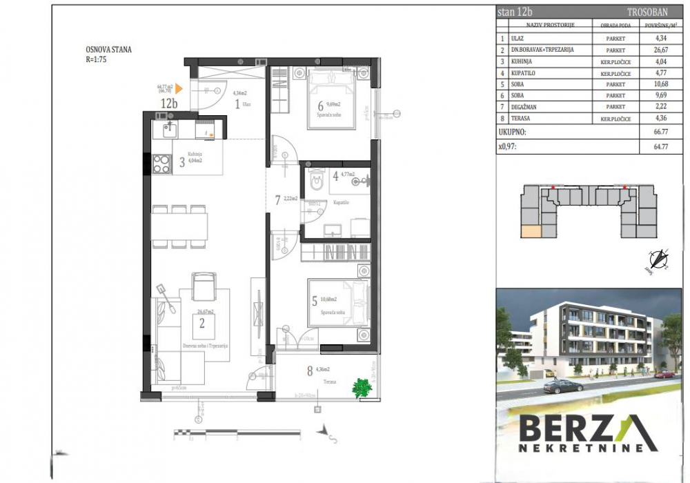 Trosoban stan na prodaju, 64m2, 139.430€