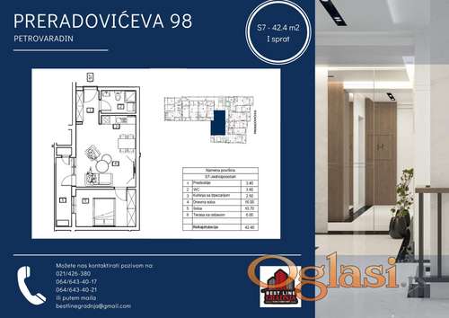 S7 - 42.40 m2 - JEDNOIPOSOBAN STAN U IZGRADNJI! PRERADOVIĆEVA 98 - PETROVARADIN, NOVI SAD!