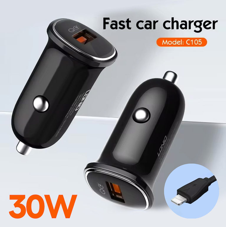 Auto punjac LDNIO C105, QC3.0, 30W USB Lightning crni