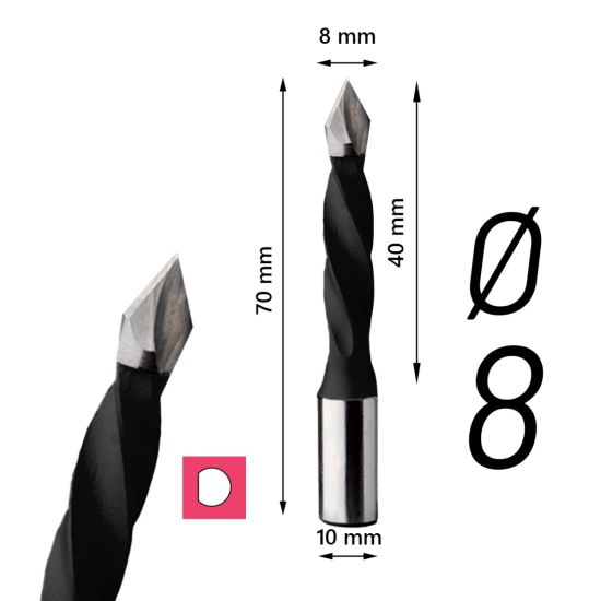 Prolazna burgija 8mm desna tvrdi metal - vidija; dužina 70/40mm prihvat 10mm za brzohodne viševretene bušilice FUL 50K.080.R