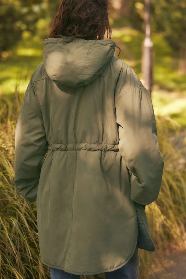 Khaki Green Reversible Shower Resistant Hooded Quilted Coat