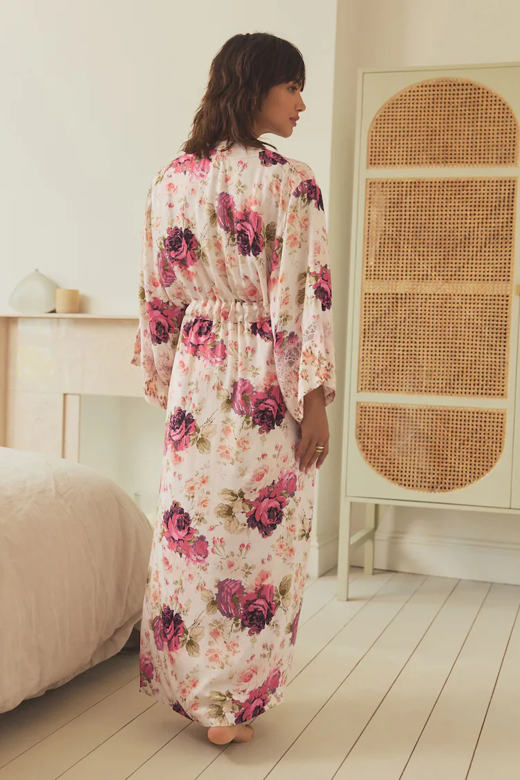 Pink Roses Viscose Lace Dressing Gown