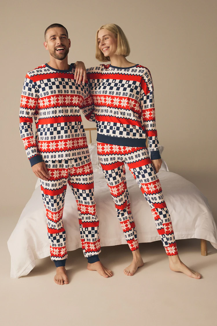 Red/Navy Blue Matching Family Womens Christmas Ho Ho Ho Fairisle Pattern 100% Cotton Pyjamas