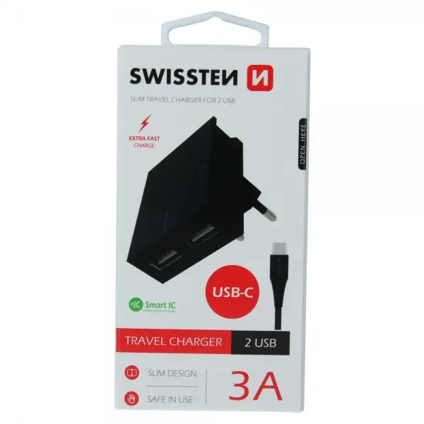 SWISSTEN Punjač 3A 2xUSB Type-C crni