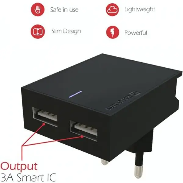 SWISSTEN Punjač 3A 2xUSB Lightning crni