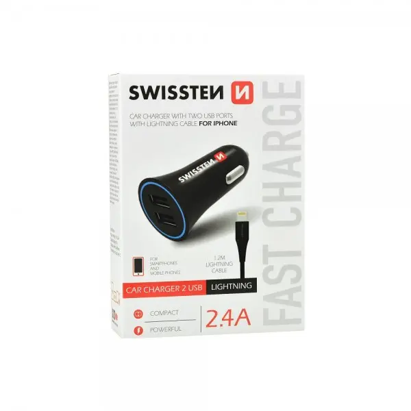 SWISSTEN Auto punjač 2.4A 2xUSB Lightning crni