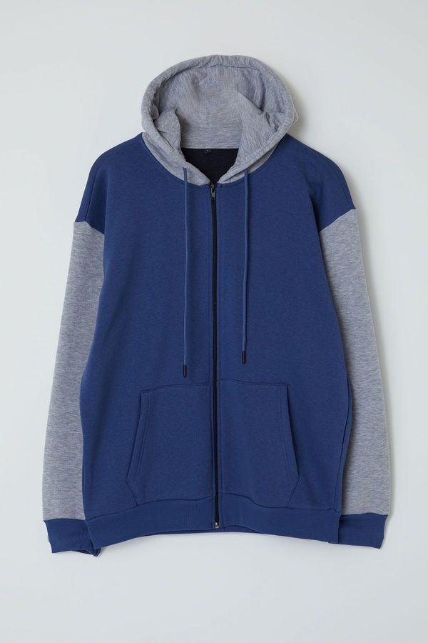TRENDYOL INDIGO OVERSIZE/WIDE CUT HOODED COLOR BLOCK FLEECE INSIDE/WARM ZIPPERED CARDIGAN/SWEATSHIRT