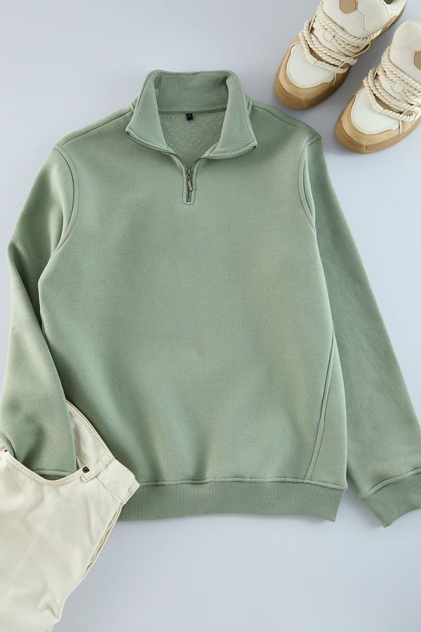 TRENDYOL MINT REGULAR/NORMAL CUT STAND COLLAR ZIPPERED COTTON BASIC SWEATSHIRT