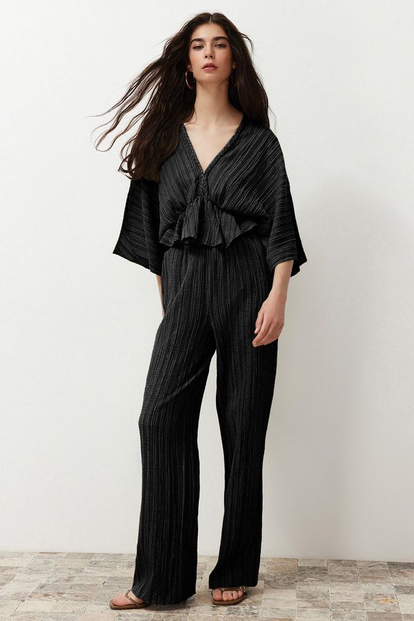 TRENDYOL BLACK ELASTIC WAIST TEXTURED FABRIC WOVEN TROUSERS
