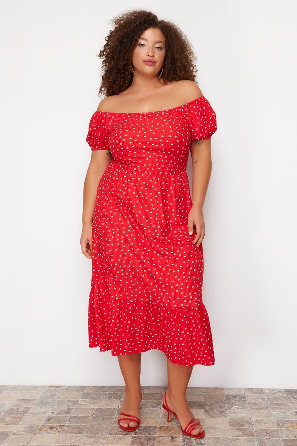 TRENDYOL CURVE RED POLKA DOT PATTERNED KNITTED DRESS