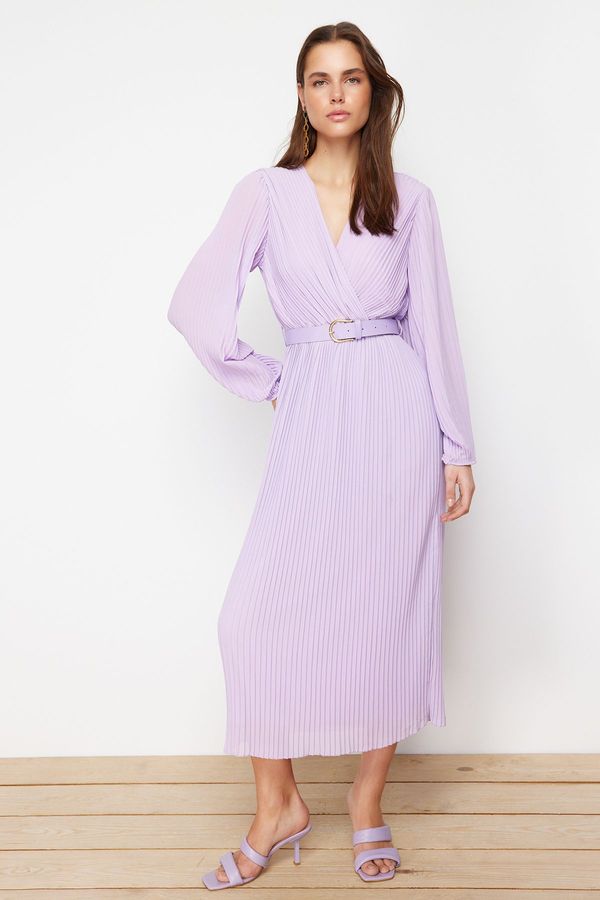 TRENDYOL LILAC BELTED A-LINE PLEATED MAXI LINED CHIFFON WOVEN DRESS