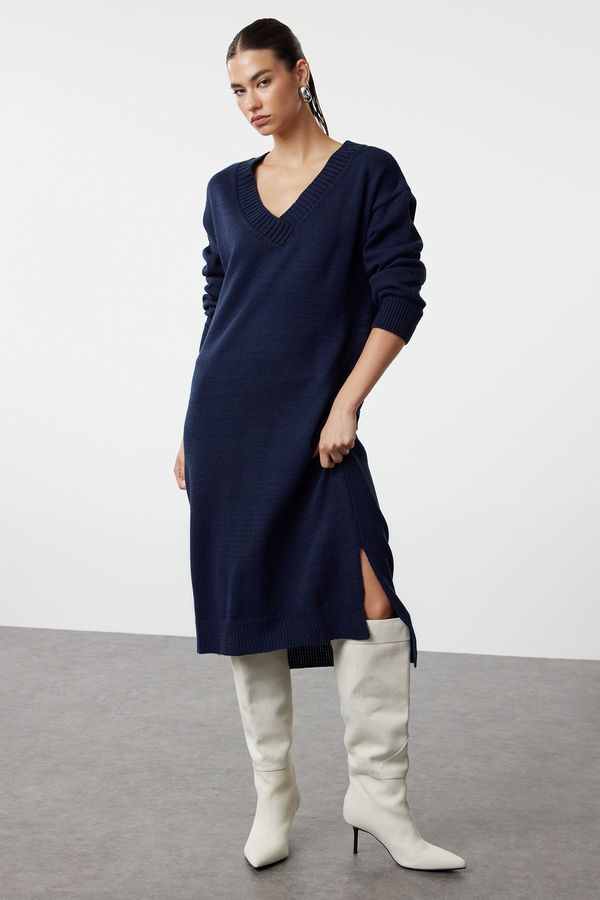 TRENDYOL NAVY BLUE MAXI KNITWEAR V-NECK DRESS