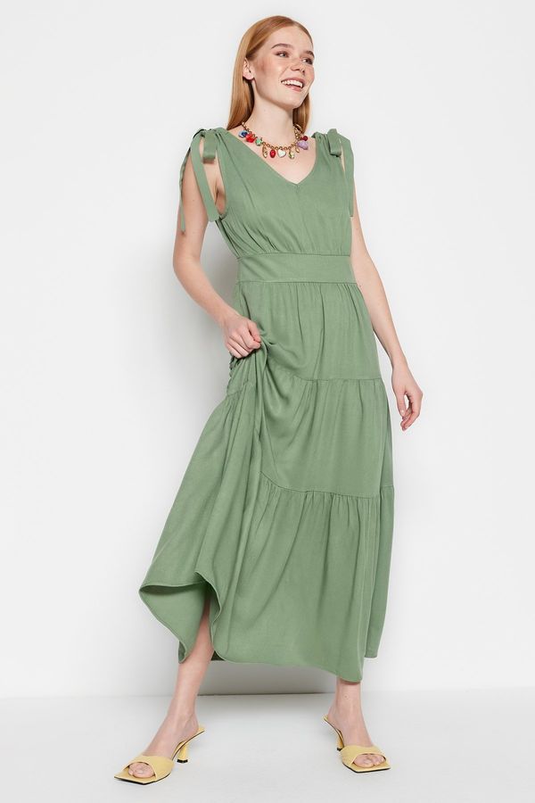 TRENDYOL KHAKI A-CUT FLOUNCE V-NECK MAXI WOVEN DRESS