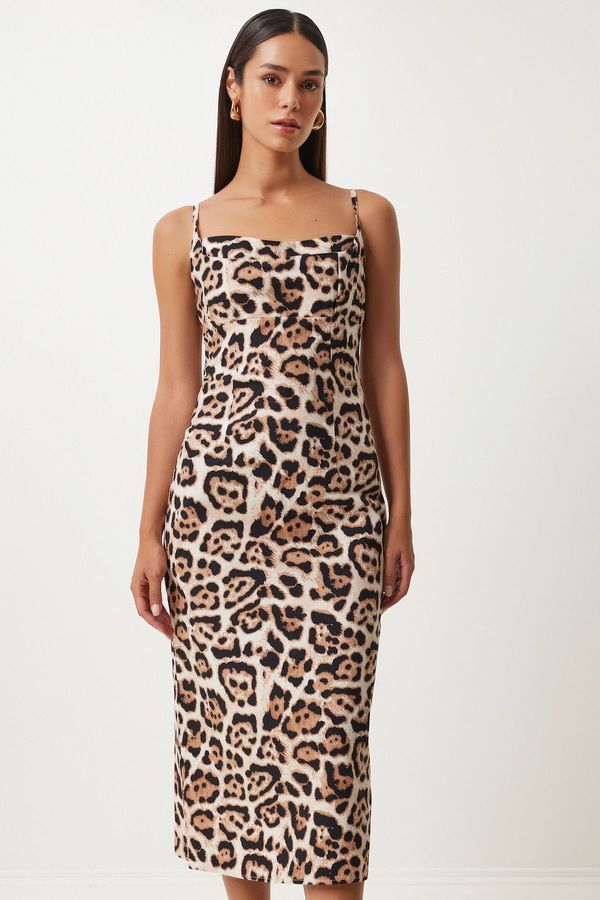 HAPPINESS İSTANBUL WOMEN'S BLACK BEIGE LEOPARD PATTERNED STRAPPY MIDI DRESS