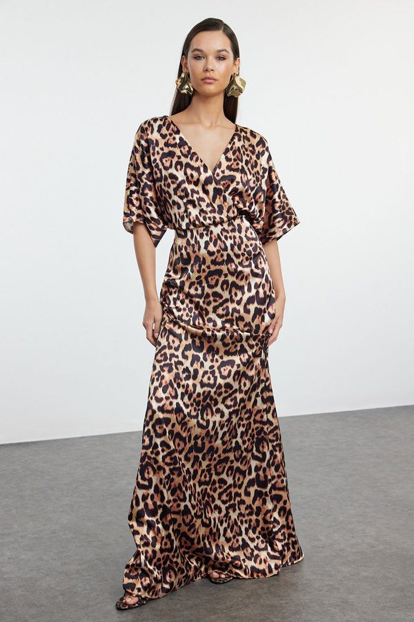 TRENDYOL MULTICOLORED A-LINE LEOPARD PATTERNED SATIN LONG EVENING DRESS
