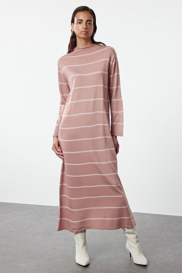 TRENDYOL DUSTY ROSE STAND COLLAR STRIPED KNITTED HIJAB DRESS