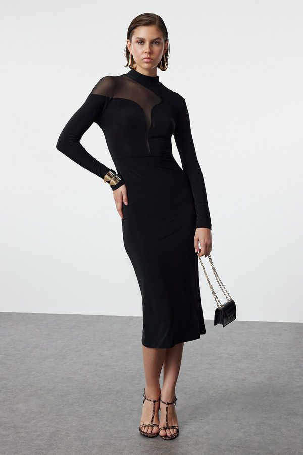 TRENDYOL BLACK BODY-SIT COLLAR DETAILED KNITTED ELEGANT EVENING DRESS