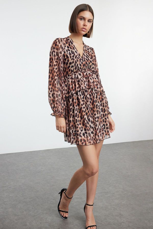 TRENDYOL BROWN LEOPARD PRINTED RUFFLE DETAILED A LINE/BELL CUT BALLOON SLEEVE MINI KNITTED DRESS
