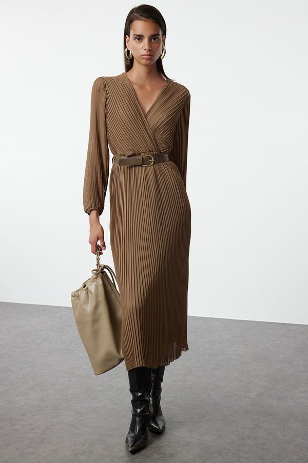 TRENDYOL KHAKI BELTED A-LINE PLEATED MAXI LINED CHIFFON WOVEN DRESS