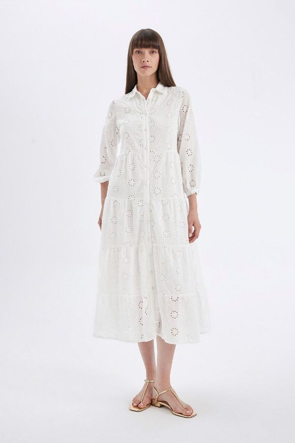 DEFACTO SHIRT COLLAR VOILE HALF SLEEVE MAXI DRESS