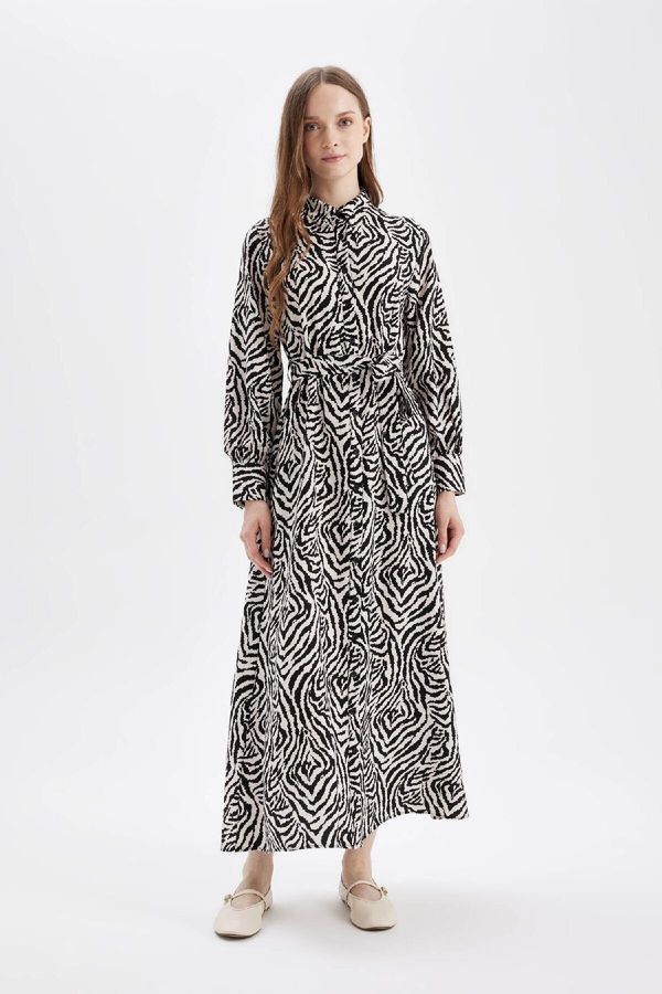 DEFACTO A-LINE PATTERNED SHIRT COLLAR LONG SLEEVE MAXI DRESS