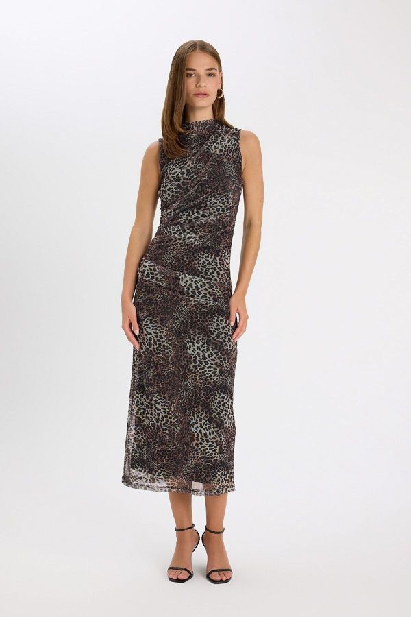 DEFACTO BODYCON CREW NECK LEOPARD PRINT TULLE SLEEVELESS MAXI DRESS