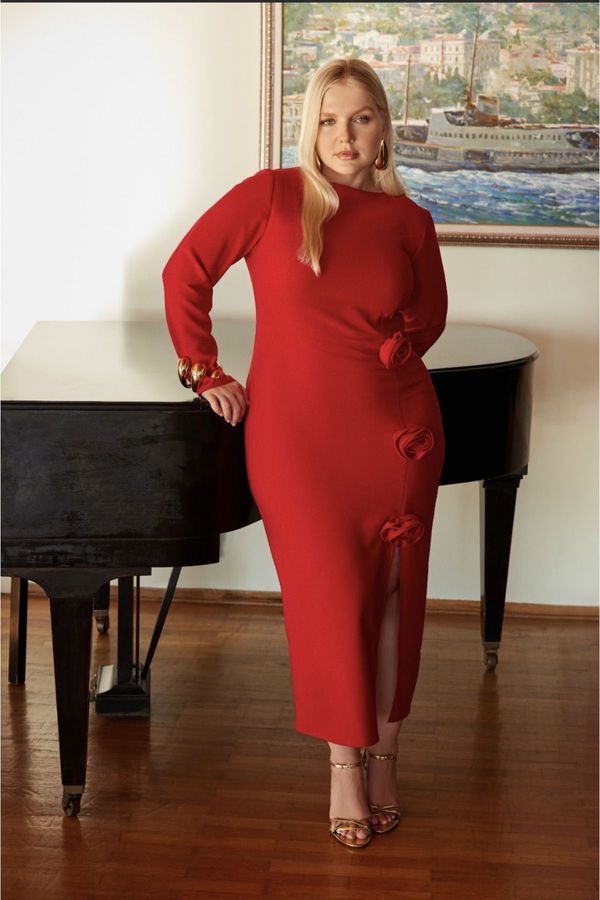 TRENDYOL CURVE RED BOAT NECK MAXI SLIT ROSE WOVEN PLUS SIZE DRESS