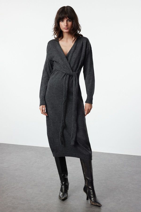 TRENDYOL ANTHRACITE SOFT TEXTURE MAXI KNIT DOUBLE BREASTED COLLAR TIE DRESS