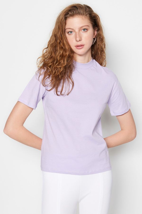 Trendyol Lilac 100% Cotton Basic Stand-Up Collar Knitted T-shirt