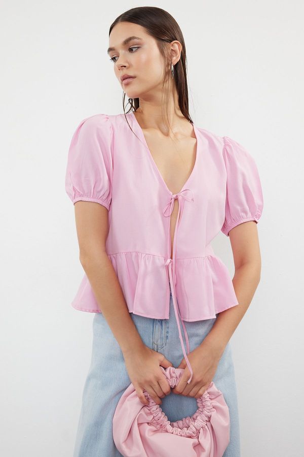 TRENDYOL PINK TIE-UP WOVEN SHIRT
