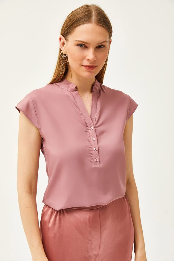 OLALOOK WOMEN'S DUSTY ROSE V-NECK 4-BUTTON VISCOSE BLOUSE