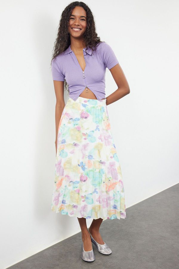 TRENDYOL MULTICOLORED WOVEN ROSE PATTERN OVERSIZE PLEATED SKIRT