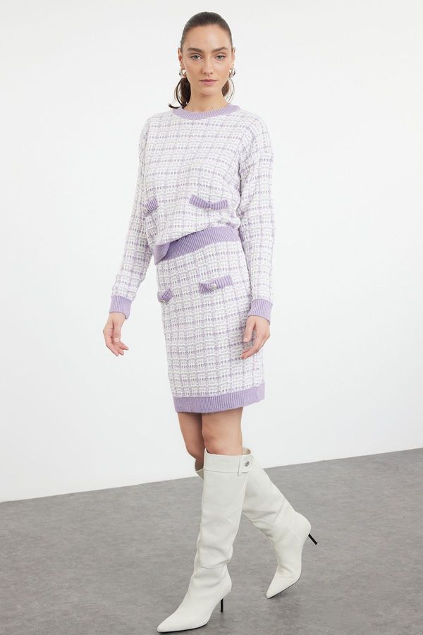 TRENDYOL LILAC TWEED LOOK SKIRTED GLITTER KNITWEAR BOTTOM-TOP SET