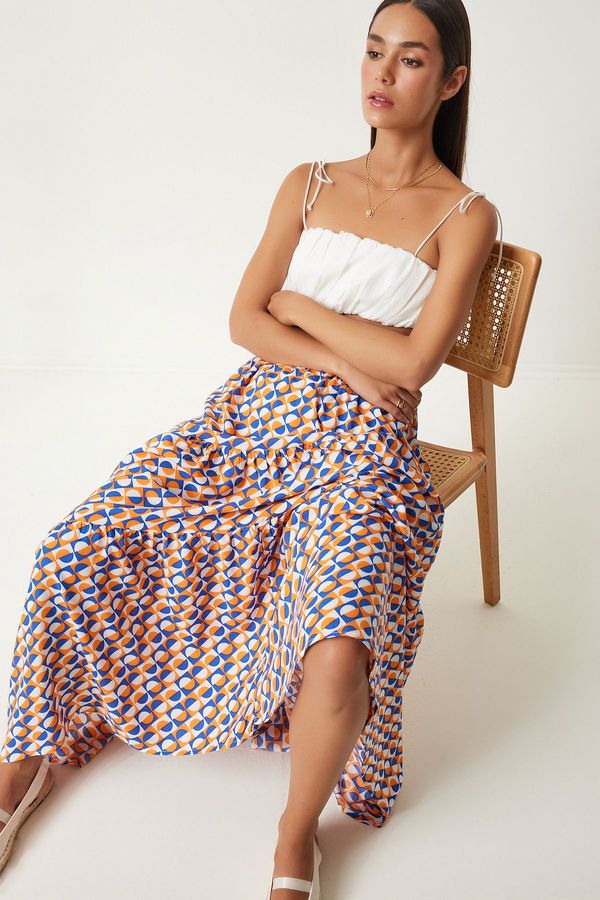 HAPPINESS İSTANBUL WOMEN'S ORANGE BLUE PATTERNED FLOUNCE SUMMER MAXI VISCOSE SKIRT